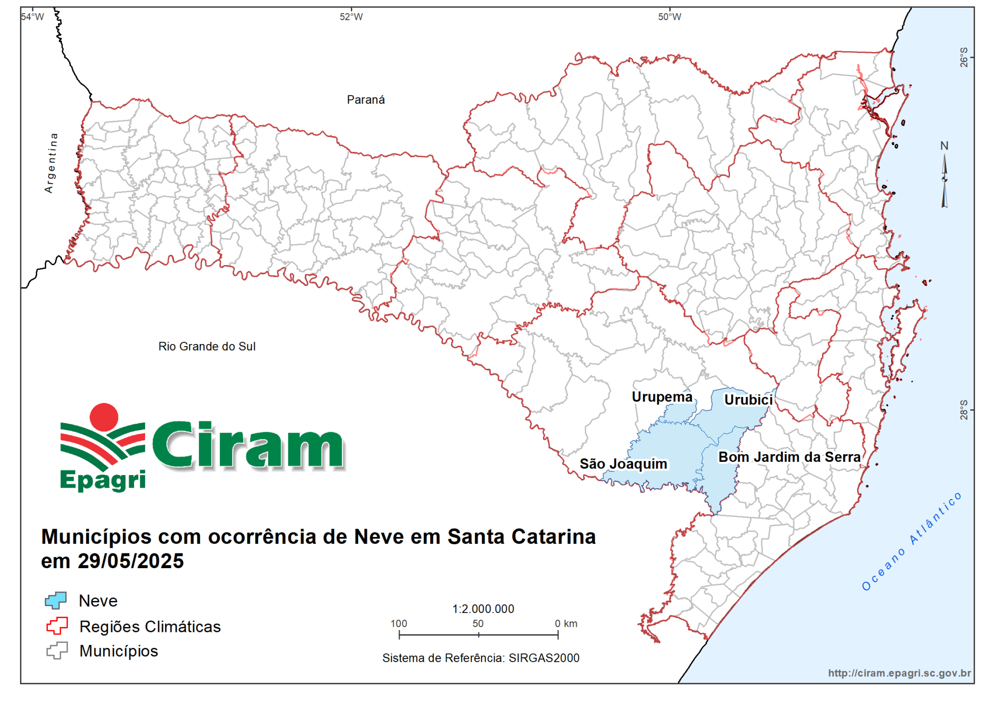 Veja o mapa da neve em SC e o frio nos próximos dias – EPAGRI/CIRAM